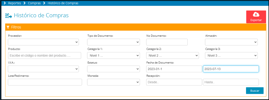 Reporte/Dashboard de Compras